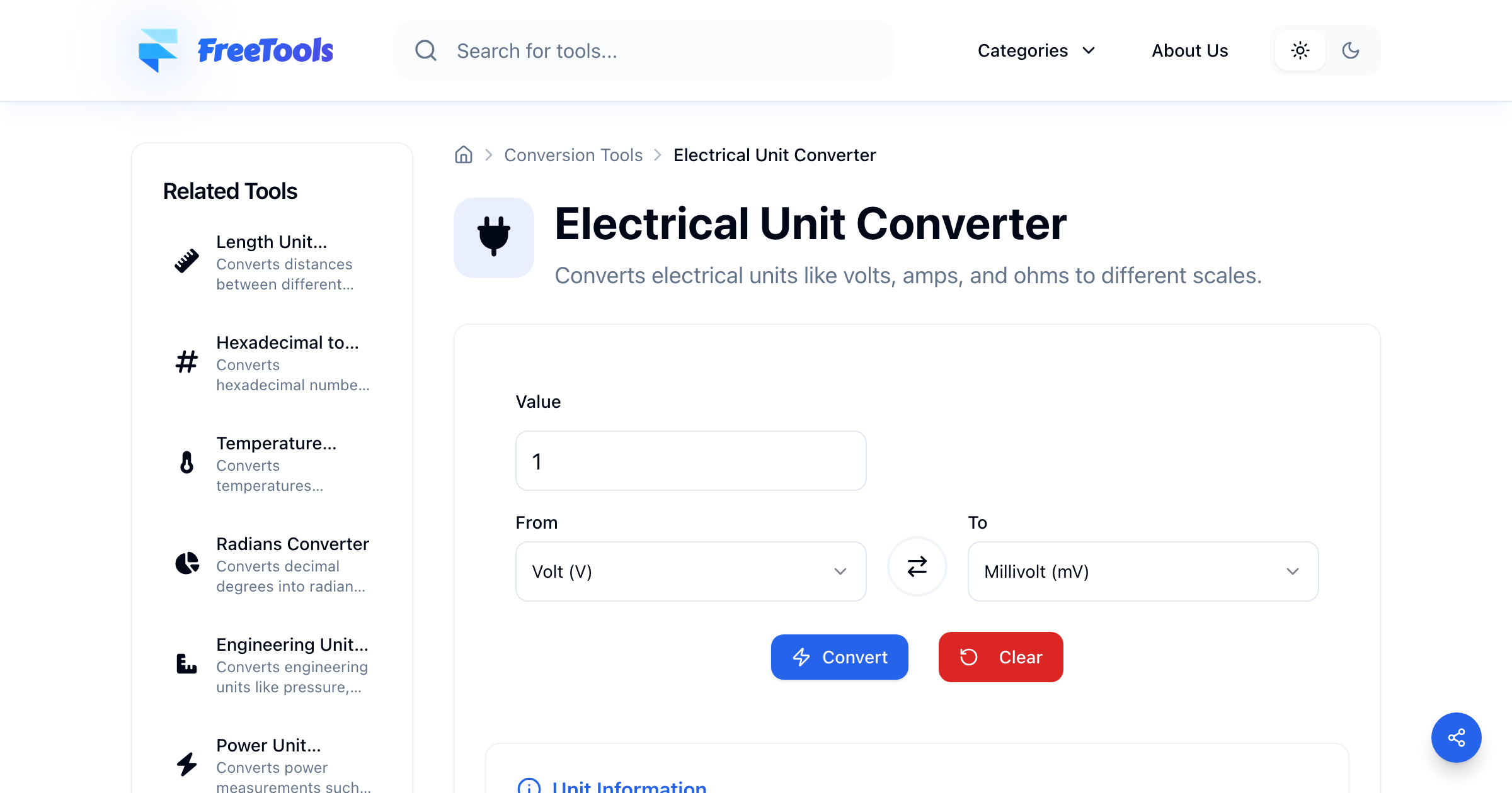 Electrical Unit Converter - Free Online Tool | Free Tools